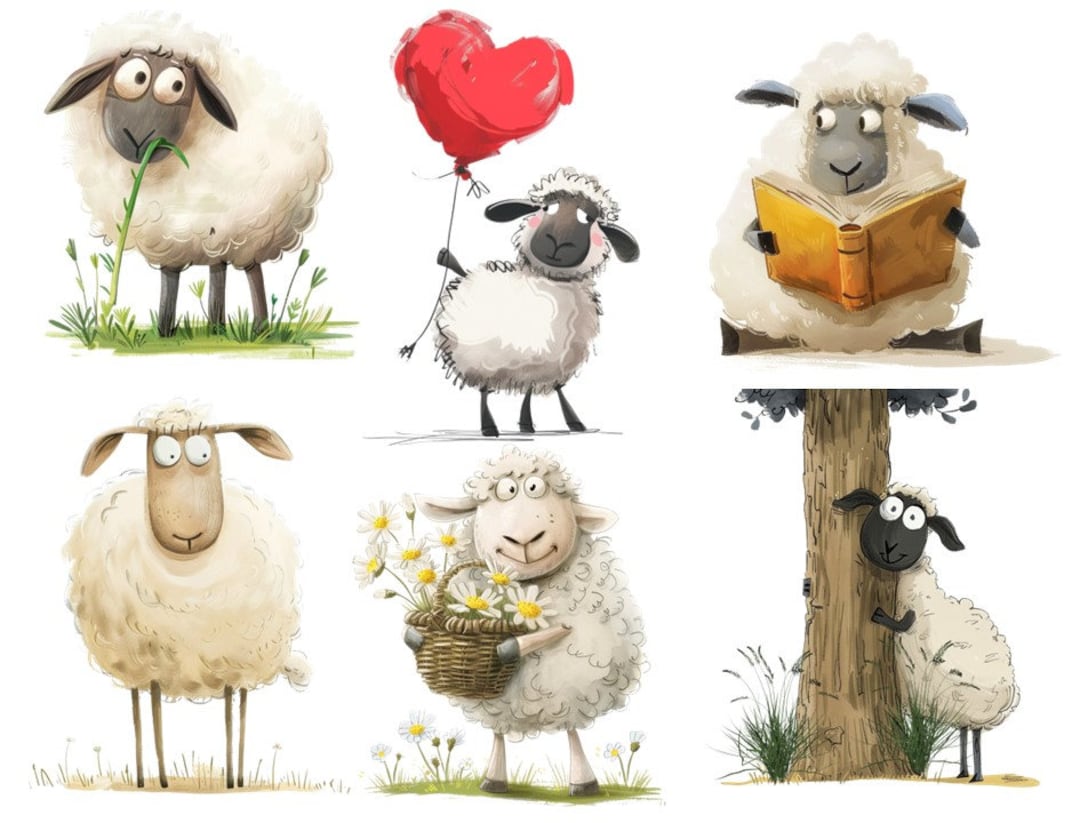 Funny Sheep Watercolor Clipart Bundle: Quirky Farm Animal PNG (digital ...