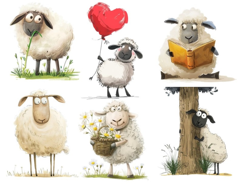 Funny Sheep Watercolor Clipart Bundle: Quirky Farm Animal PNG (digital ...