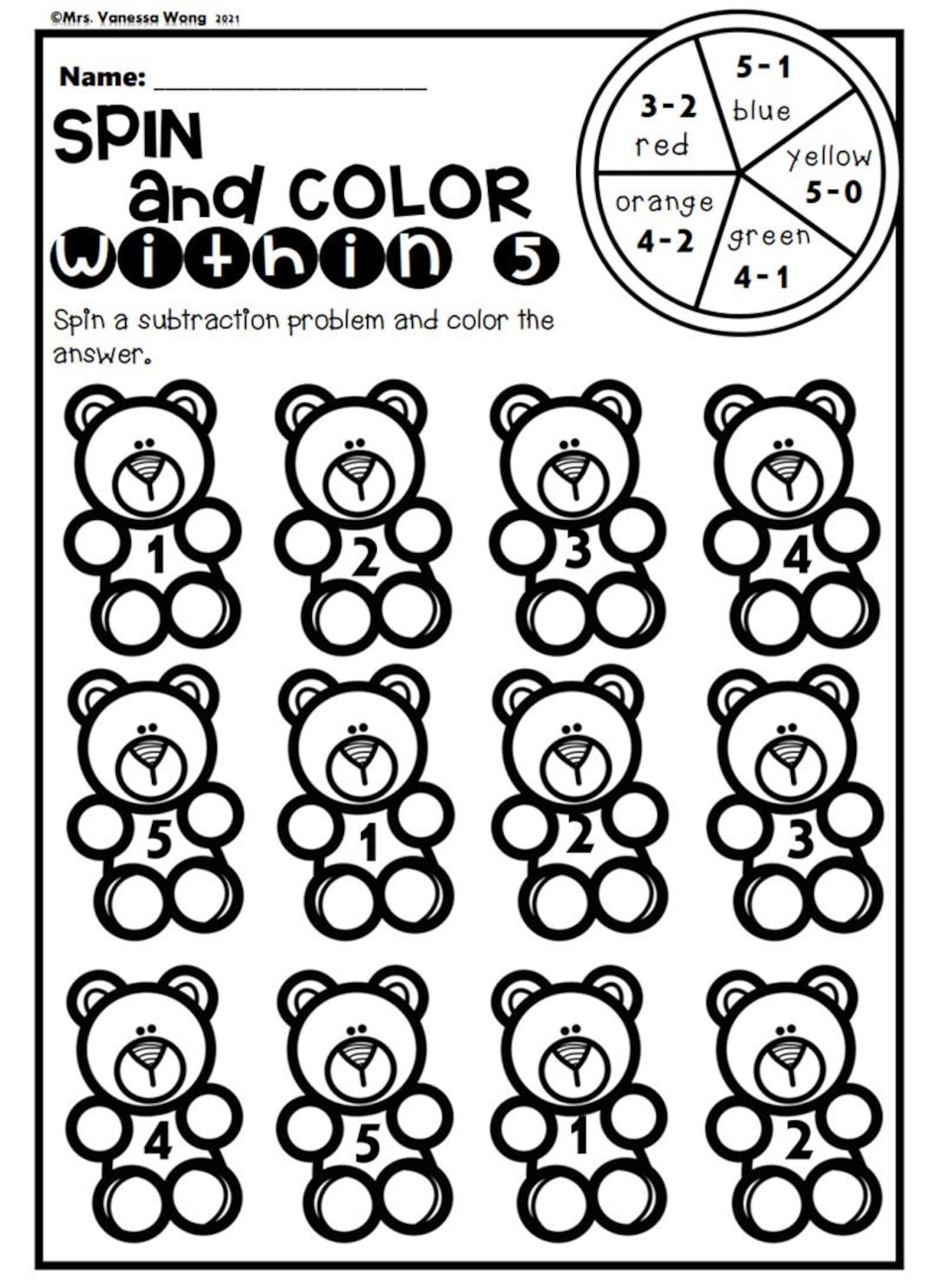 Kindergarten Math Worksheets. Roll and Spin Subtraction. - Etsy