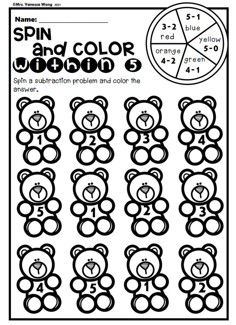 Kindergarten Math Worksheets. Roll and Spin Subtraction. - Etsy