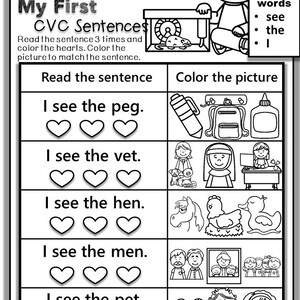 Phonics Worksheets My First CVC Sentences for Kindergarten and First ...