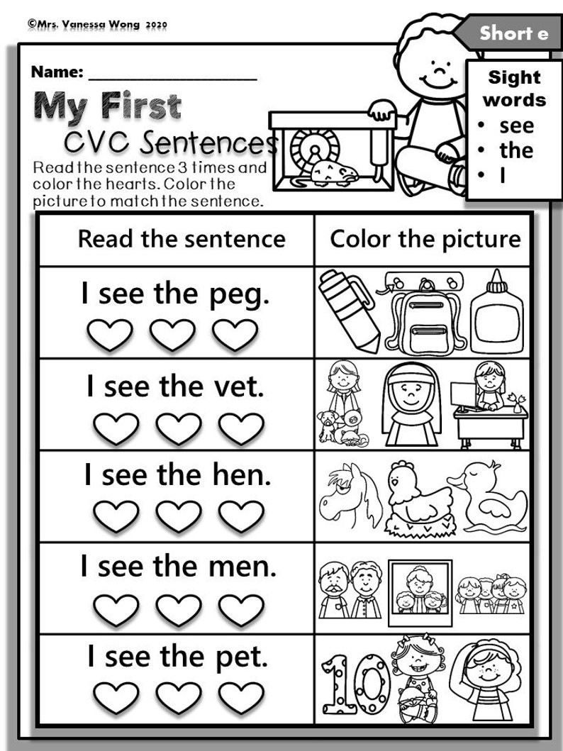 Phonics Worksheets My First CVC Sentences for Kindergarten and First ...