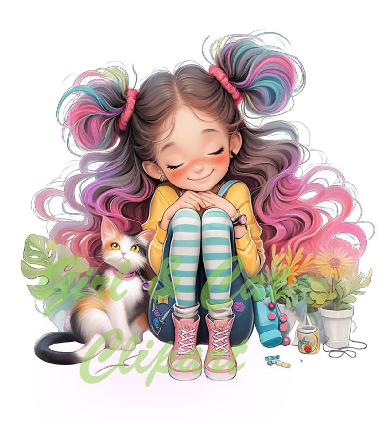 Watercolor Quirky Girl Clipart: Cat Lover Whimsical PNG Images (digital ...