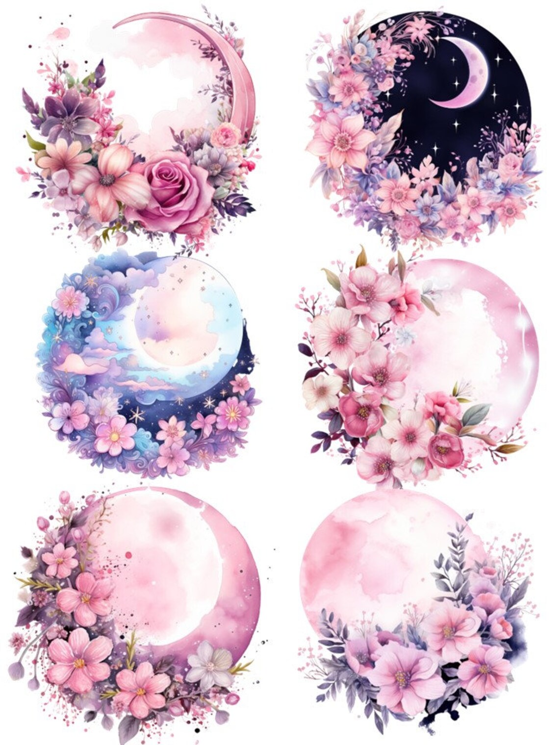 Watercolor Pink Floral Moon Clipart for Commercial Use - Etsy