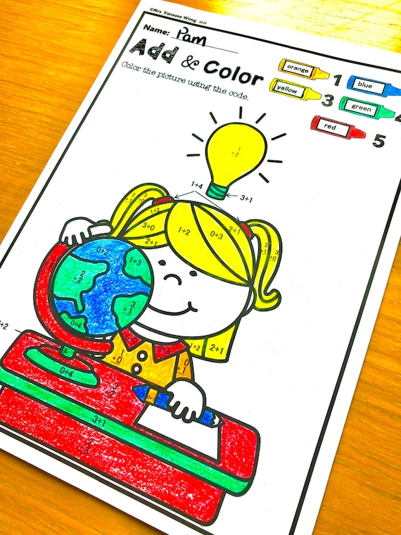Kindergarten Math Worksheets. Addition: Color by Code. | Etsy