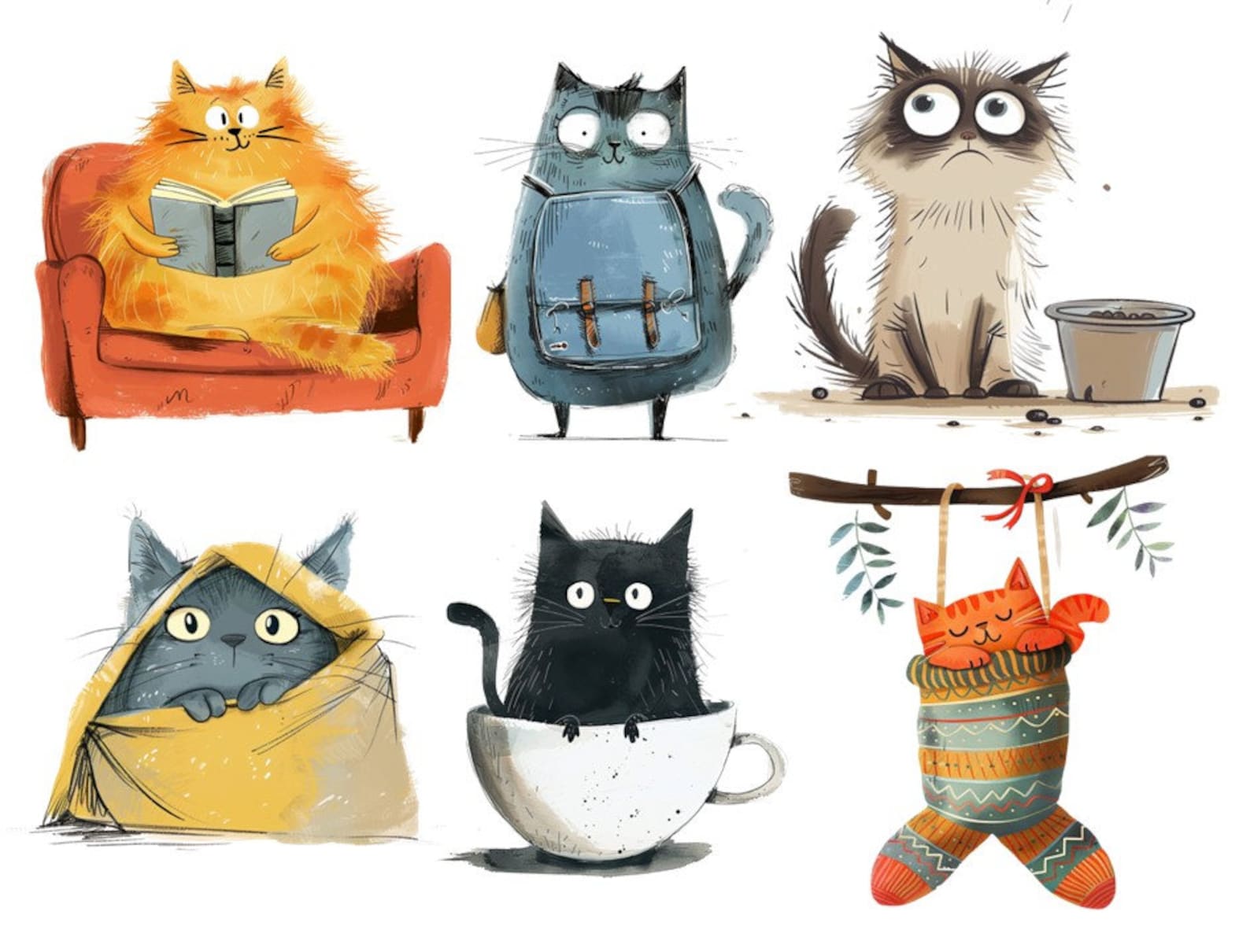 Funny Watercolor Cat Clipart Bundle: Kawaii PNG Graphics (digital ...