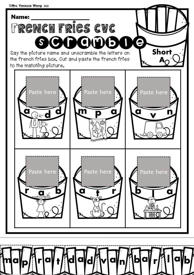 Phonics Worksheets CVC Words Scramble for Kindergarten and First Grade ...