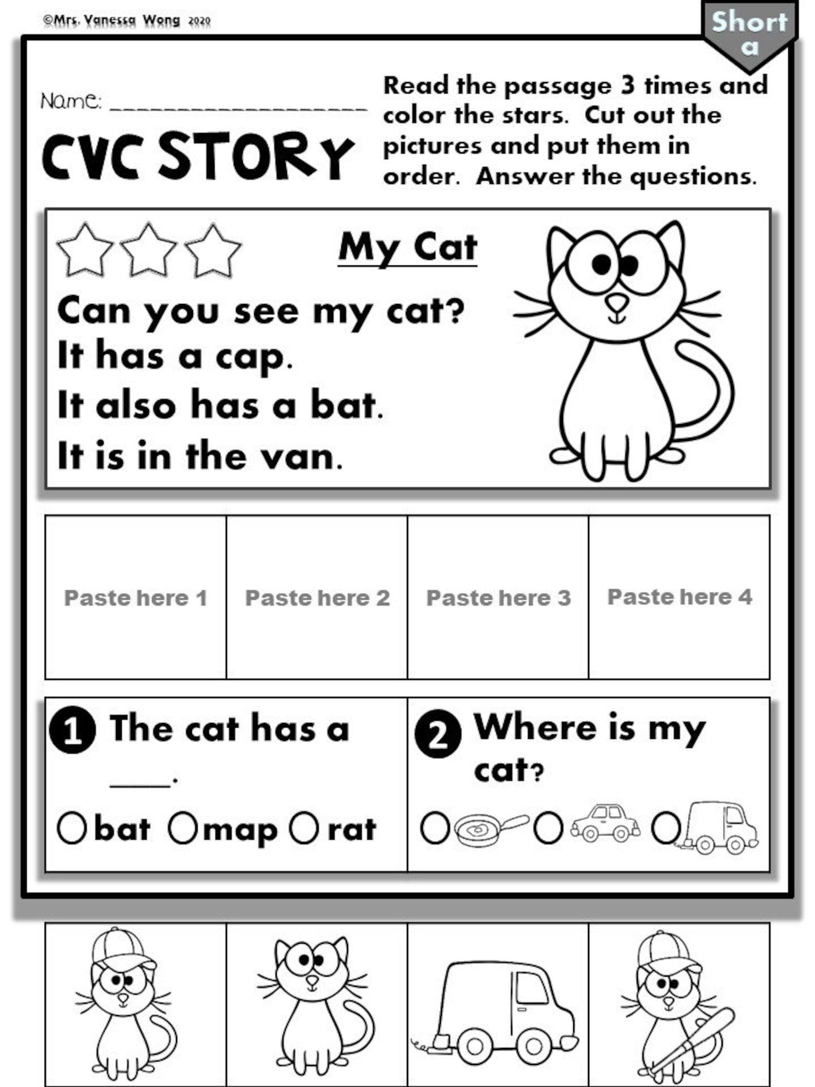 Phonics CVC Short Vowels Story Sequence for Kindergarten and First ...