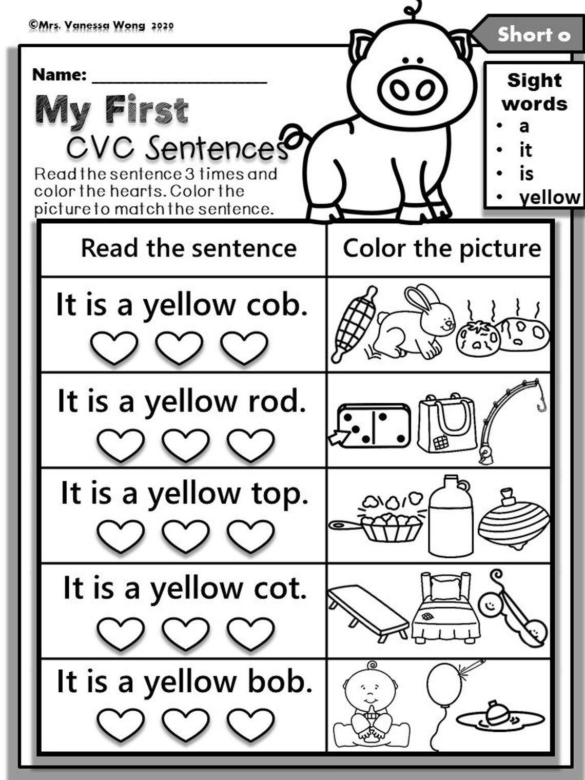 Phonics Worksheets My First CVC Sentences for Kindergarten and First ...