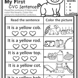 Phonics Worksheets My First CVC Sentences for Kindergarten and First ...