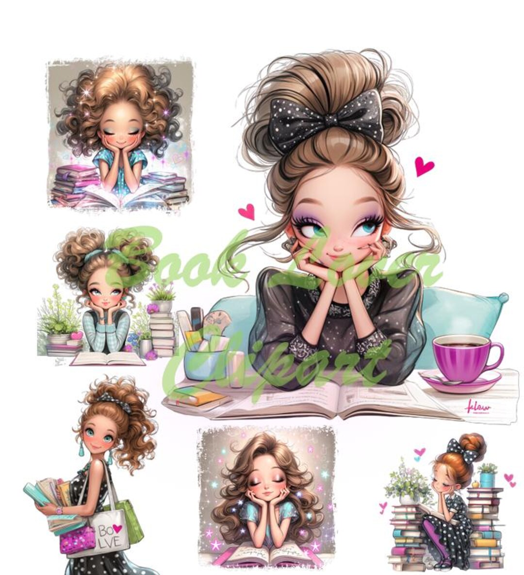 Whimsical Book Lover Clipart, Watercolor Girl PNG (digital Download) - Etsy