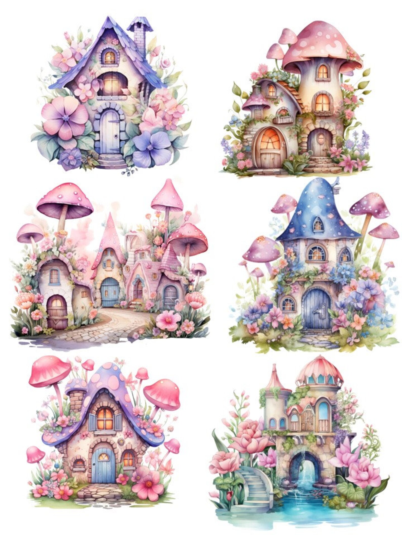 Watercolor Fairy House Clipart: Floral Mushroom Garden (digital ...