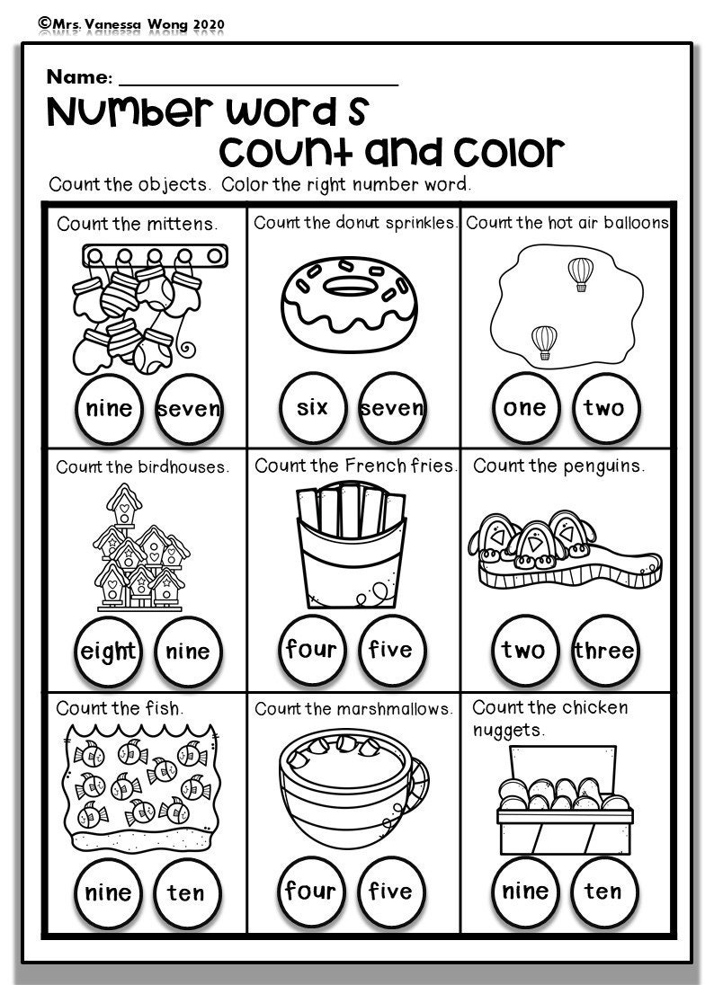 Kindergarten Math Worksheets: Numbers 1-10, Number Words (PDF) - Etsy