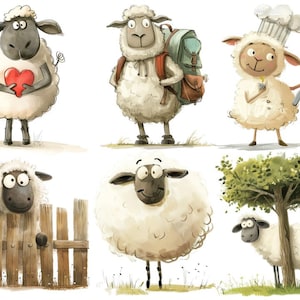 Funny Sheep Watercolor Clipart Bundle: Quirky Farm Animal PNG (digital ...