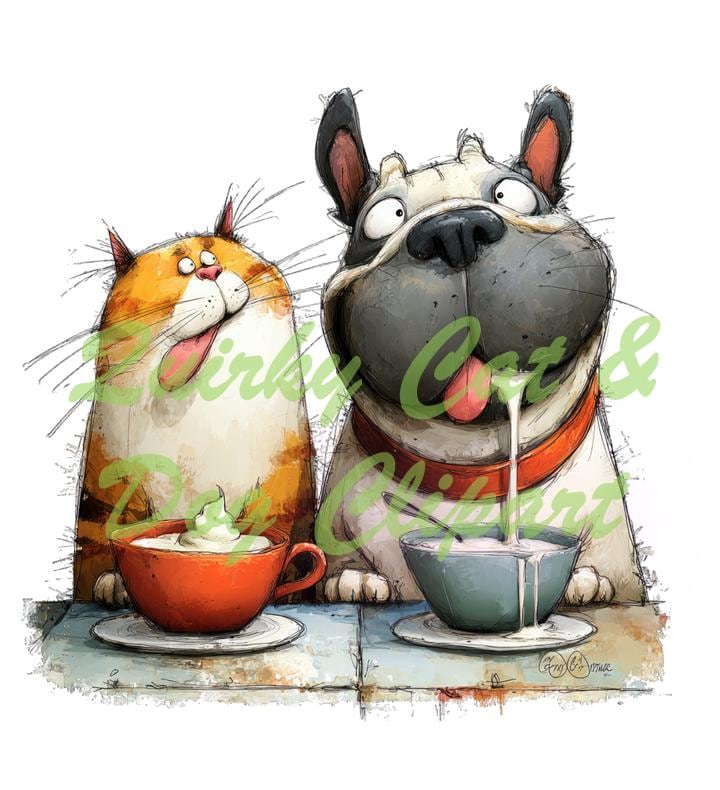 Quirky Clipart Bundle: Watercolor Style, Funny Cat and Dog PNG Images ...