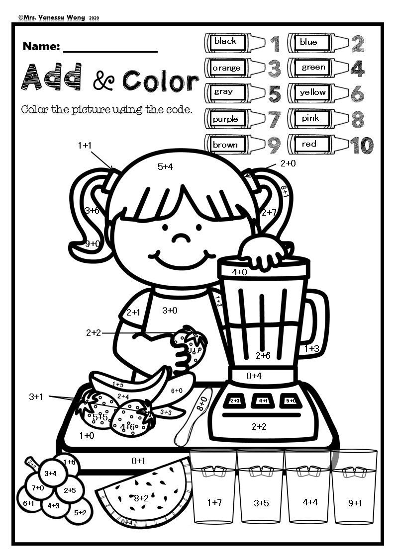 Kindergarten Math Worksheets. Addition: Color by Code. - Etsy Hong Kong
