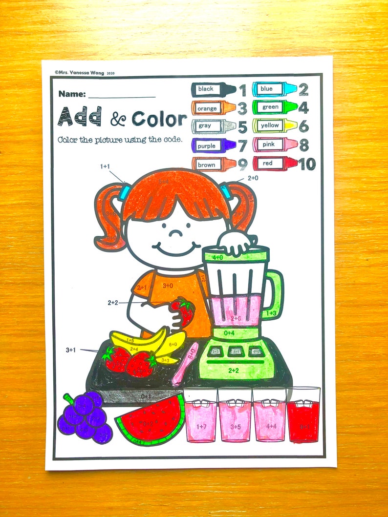 Kindergarten Math Worksheets. Addition: Color by Code. - Etsy Hong Kong