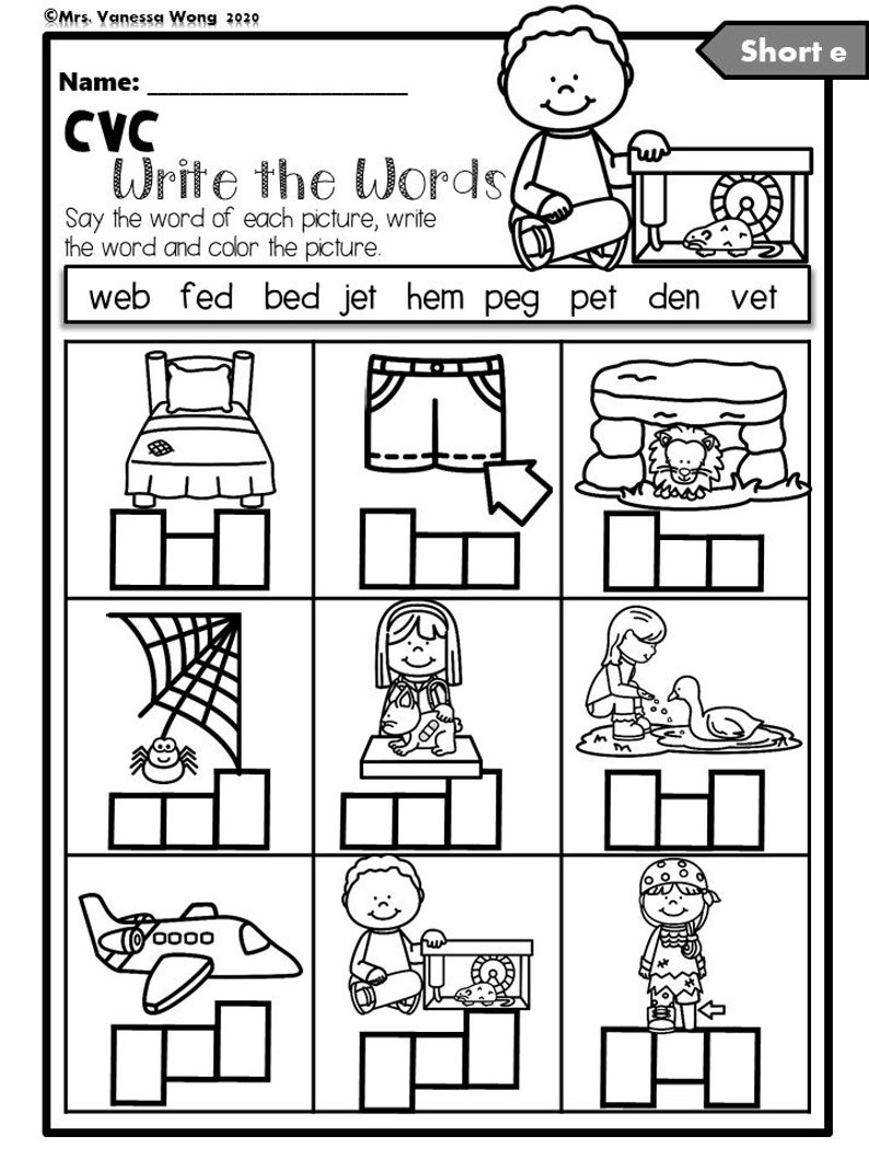 Phonics Worksheets CVC Write the Words for Kindergarten and First Grade ...