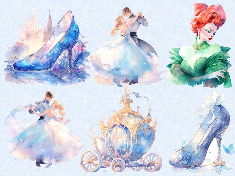 Watercolor Cinderella Clipart: Princess, Castle, Carriage (PNG Digital ...