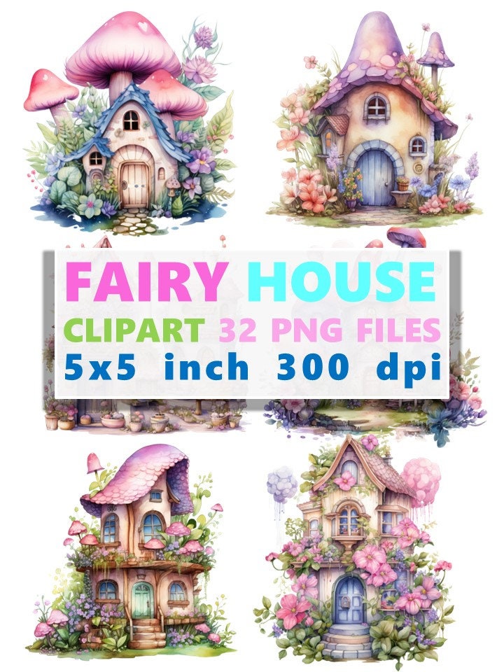 Watercolor Fairy House Clipart: Floral Mushroom Garden (digital ...