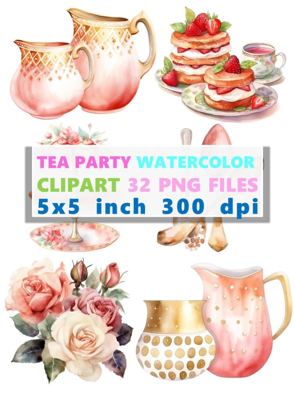 Watercolor Tea Party Clipart for Commercial Use, Junk Journal Clipart ...