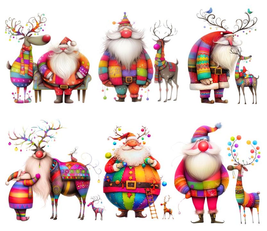 Quirky Christmas Santa & Reindeer Clipart: Whimsical PNG Images ...
