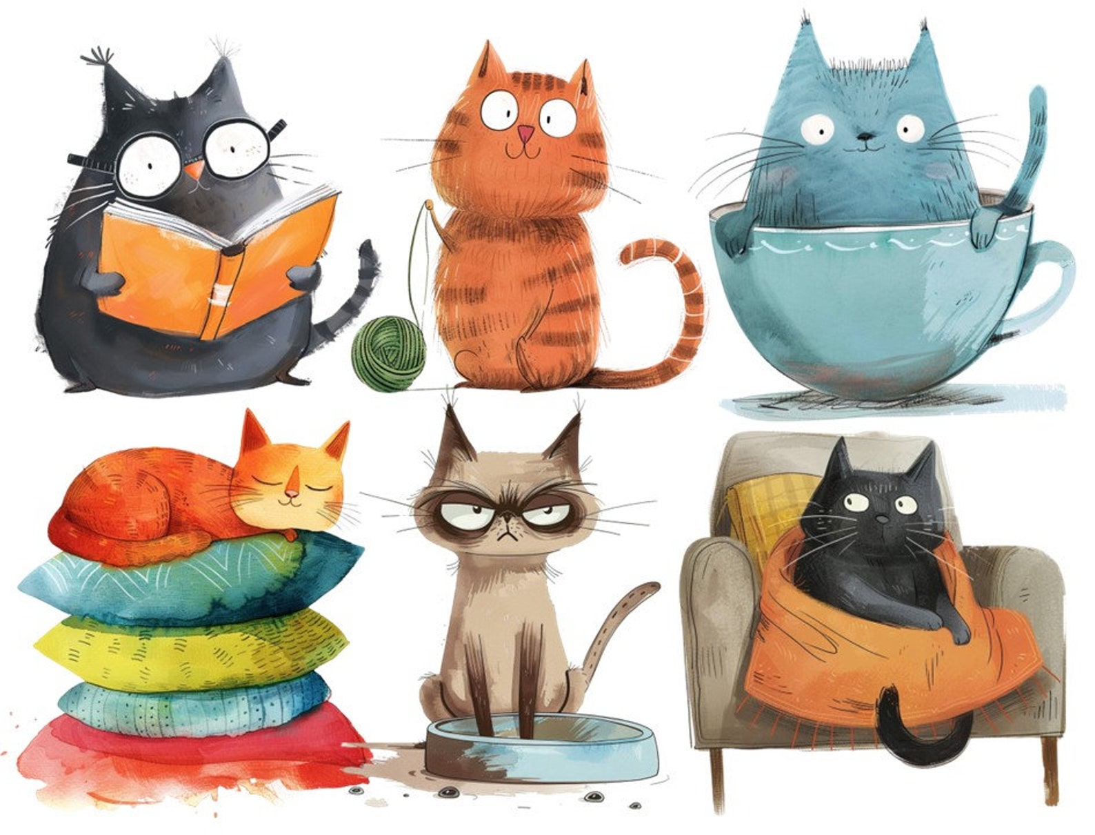 Funny Watercolor Cat Clipart Bundle: Kawaii PNG Graphics (digital ...