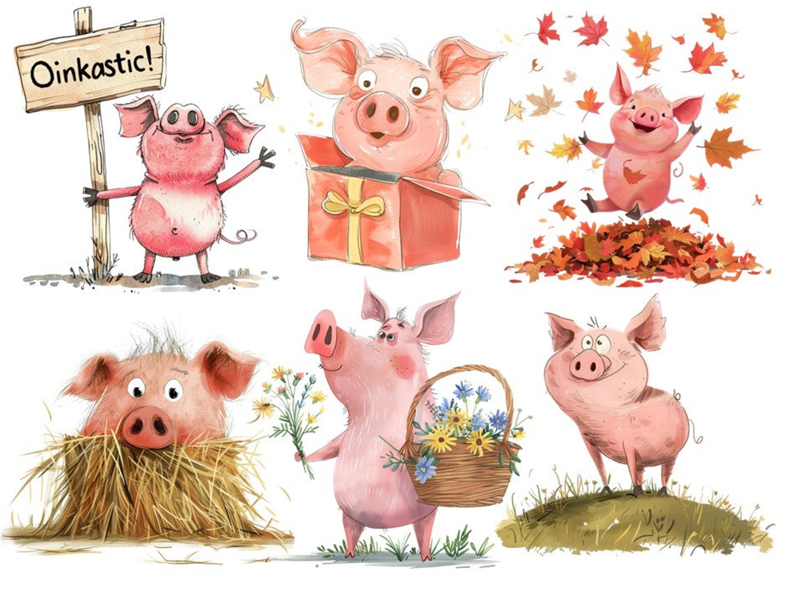 Funny Pig Watercolor Clipart Bundle: Quirky Farm Animals (PNG ...