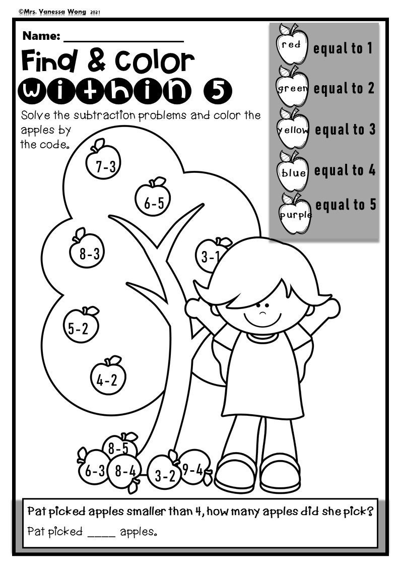 Kindergarten Math Worksheets. Subtraction Fact Coloring. Distance ...