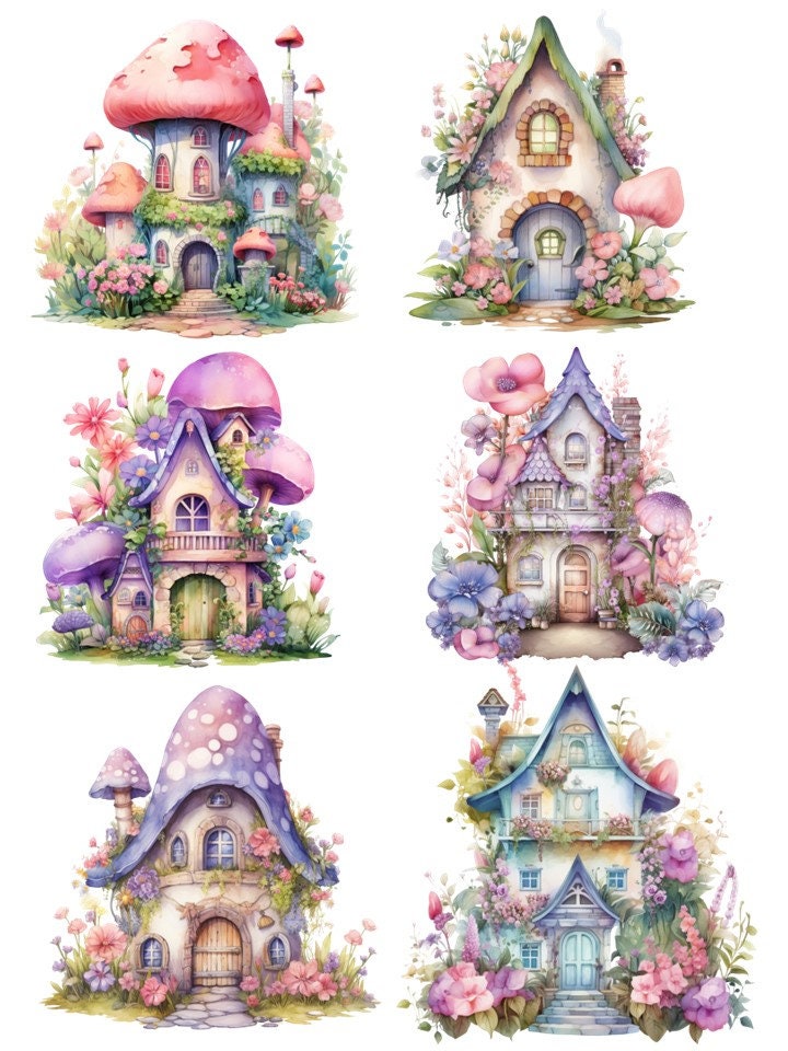 Watercolor Fairy House Clipart: Floral Mushroom Garden (digital ...