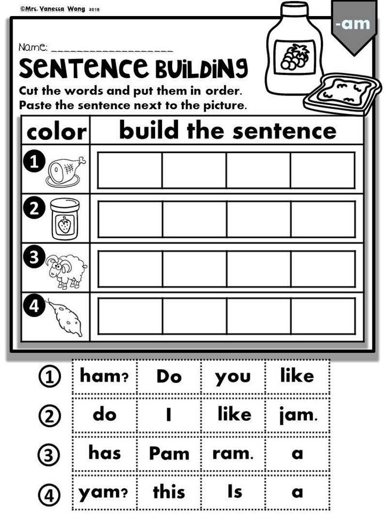 Phonics Worksheets CVC Short Vowels Sentence Building | Etsy