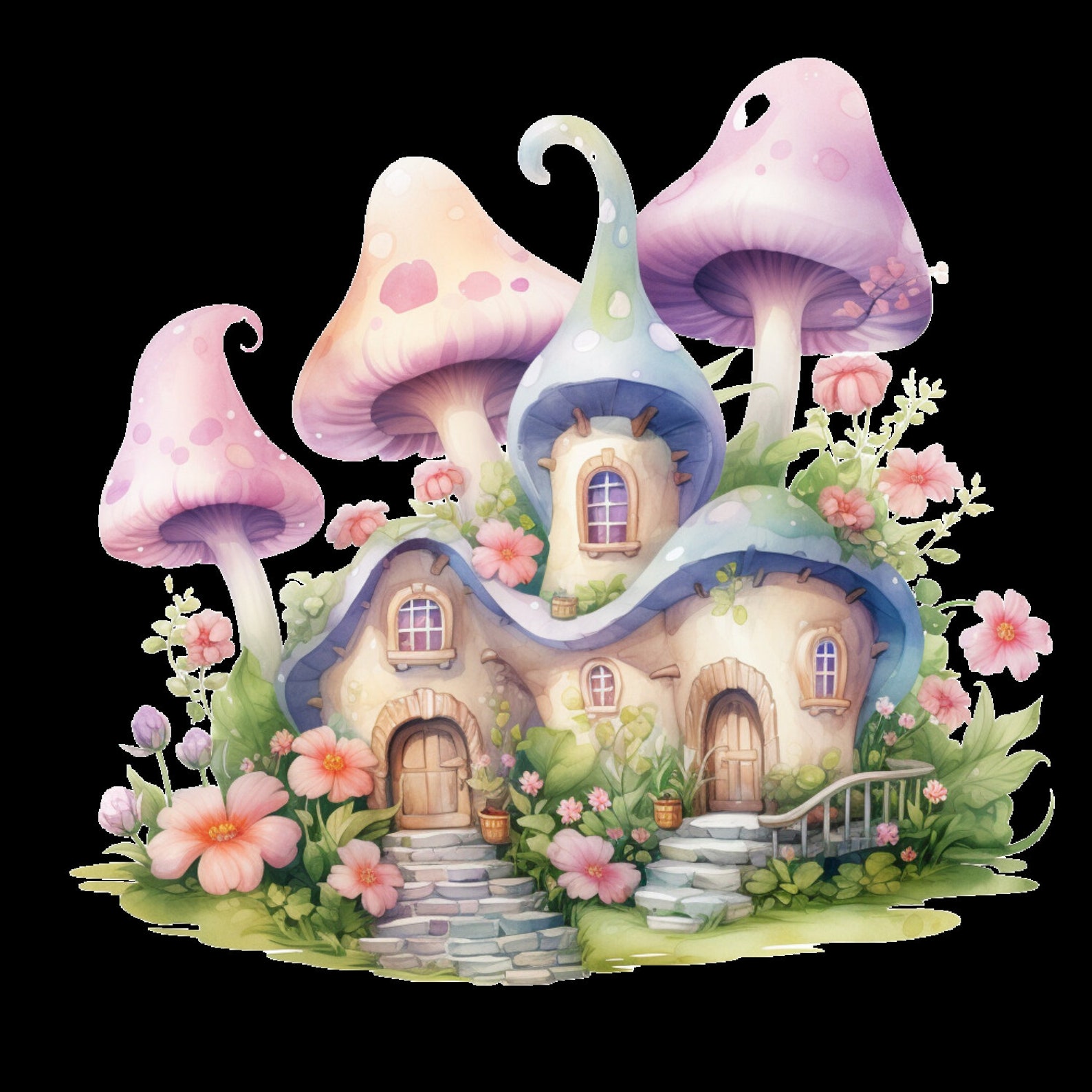 Watercolor Fairy House Clipart: Floral Mushroom Garden (digital ...