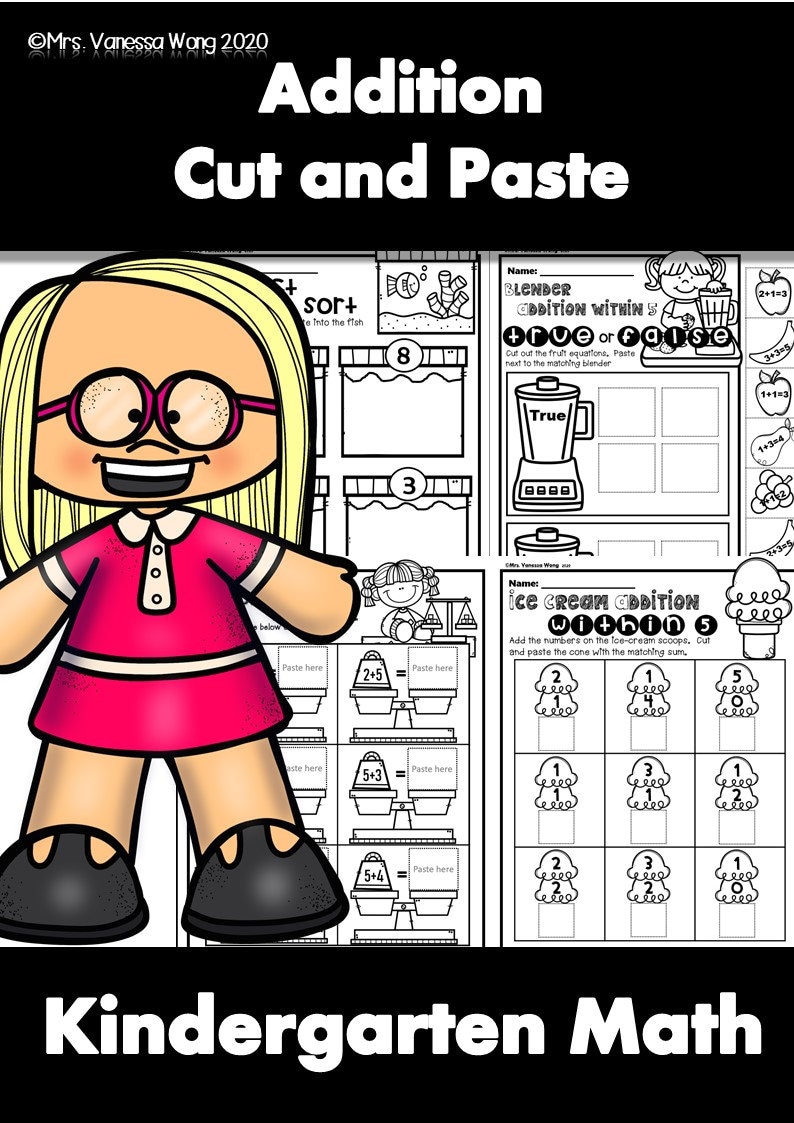 Kindergarten Math Worksheets. Addition: Cut and Paste. - Etsy Hong Kong
