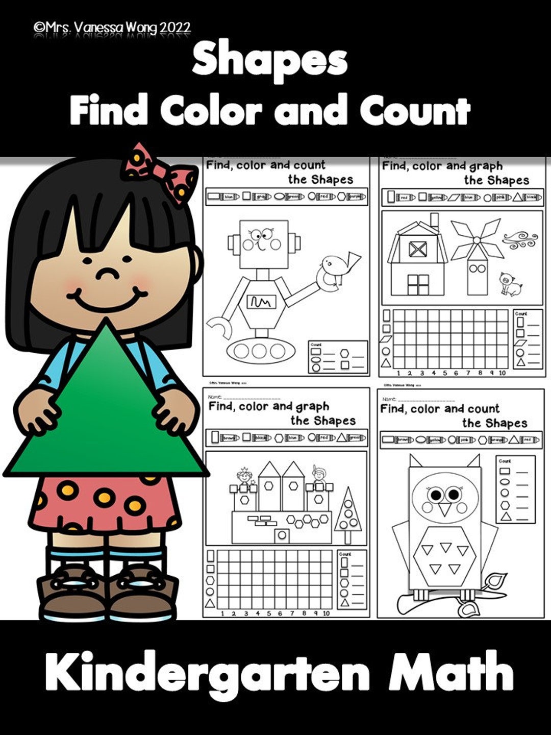 2D Shapes Kindergarten Worksheets: Color, Count, Graph (PDF) - Etsy