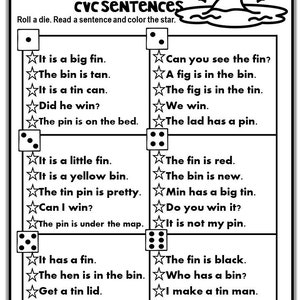 Phonics Worksheets CVC Short Vowels - Roll & Read Sentences ...