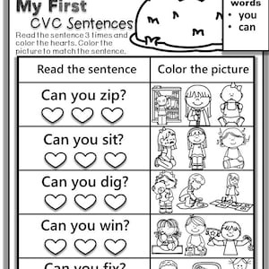 Phonics Worksheets My First CVC Sentences for Kindergarten and First ...