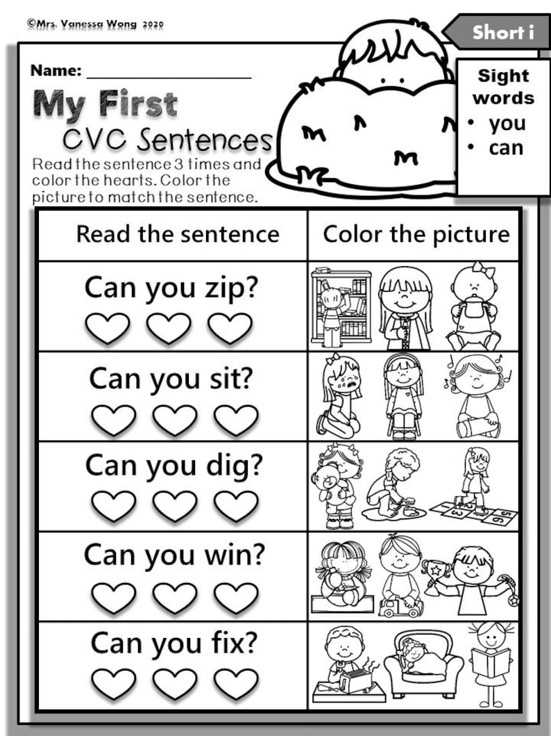 Phonics Worksheets My First CVC Sentences for Kindergarten and First ...