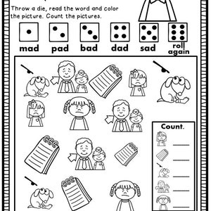 Phonics Worksheets CVC Roll, Read and Color :kindergarten and First ...
