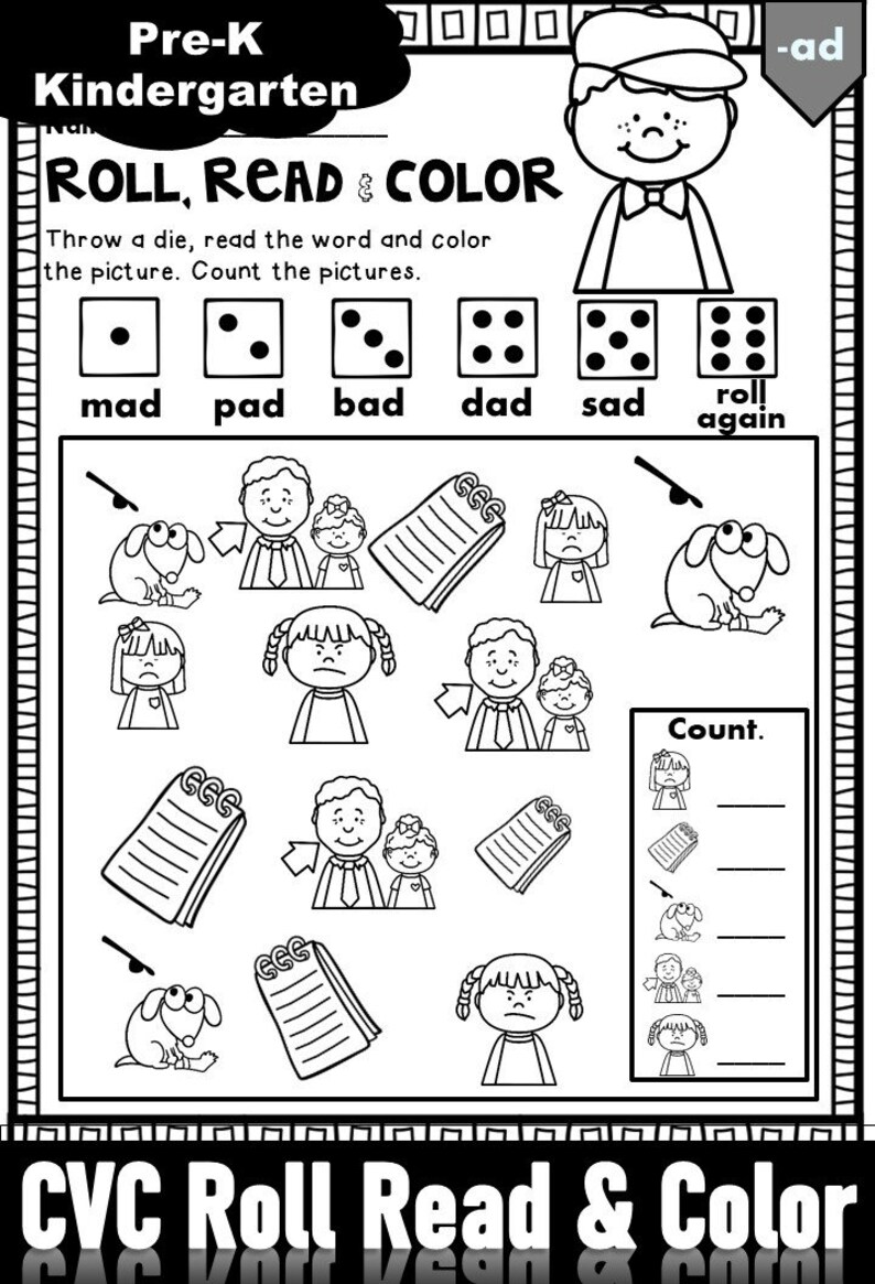 Phonics Worksheets CVC Roll, Read and Color :kindergarten and First ...