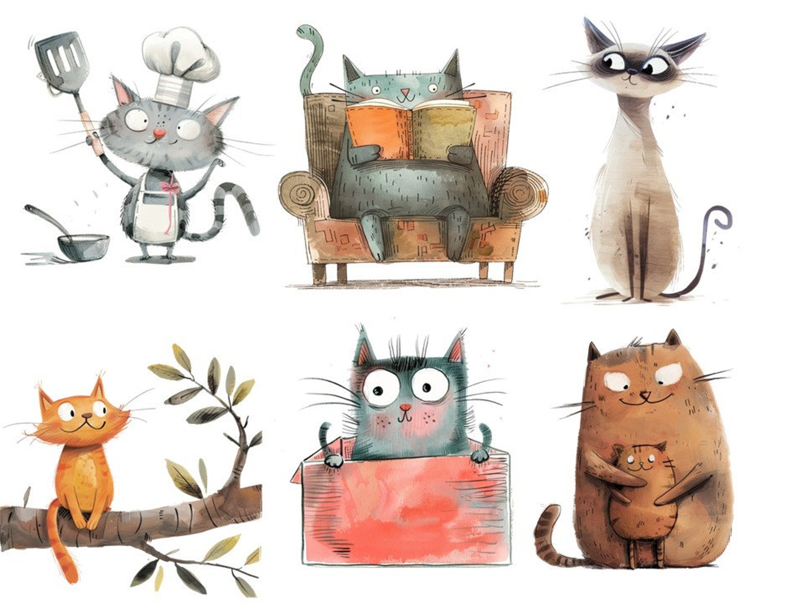 Funny Watercolor Cat Clipart Bundle: Kawaii PNG Graphics (digital ...