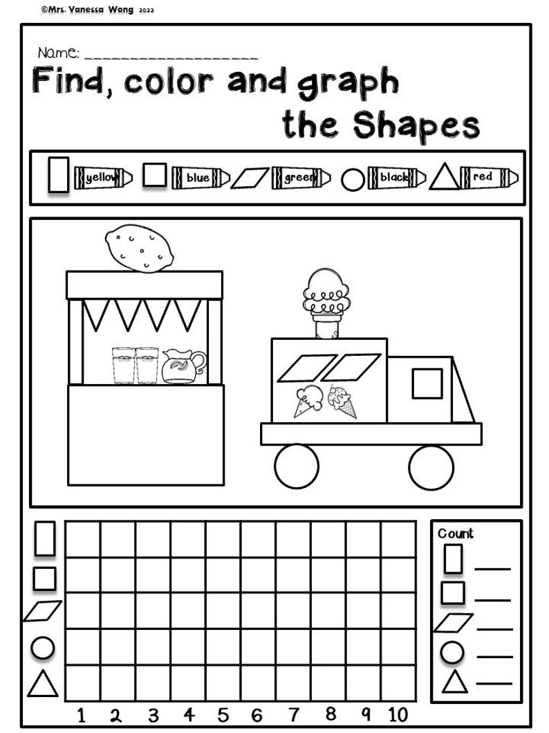2D Shapes Kindergarten Worksheets: Color, Count, Graph (PDF) - Etsy