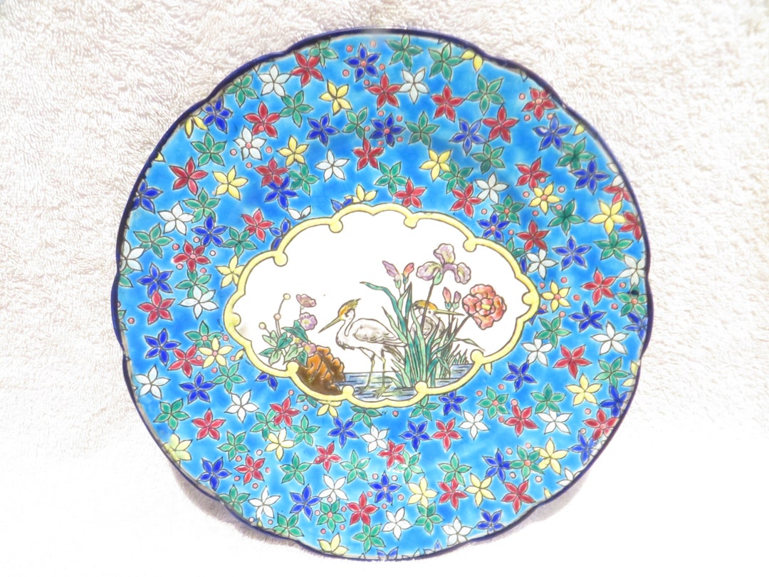 Beautiful Longwy Enamel Plate Cartouche 2 Waders Floral Decor Early ...