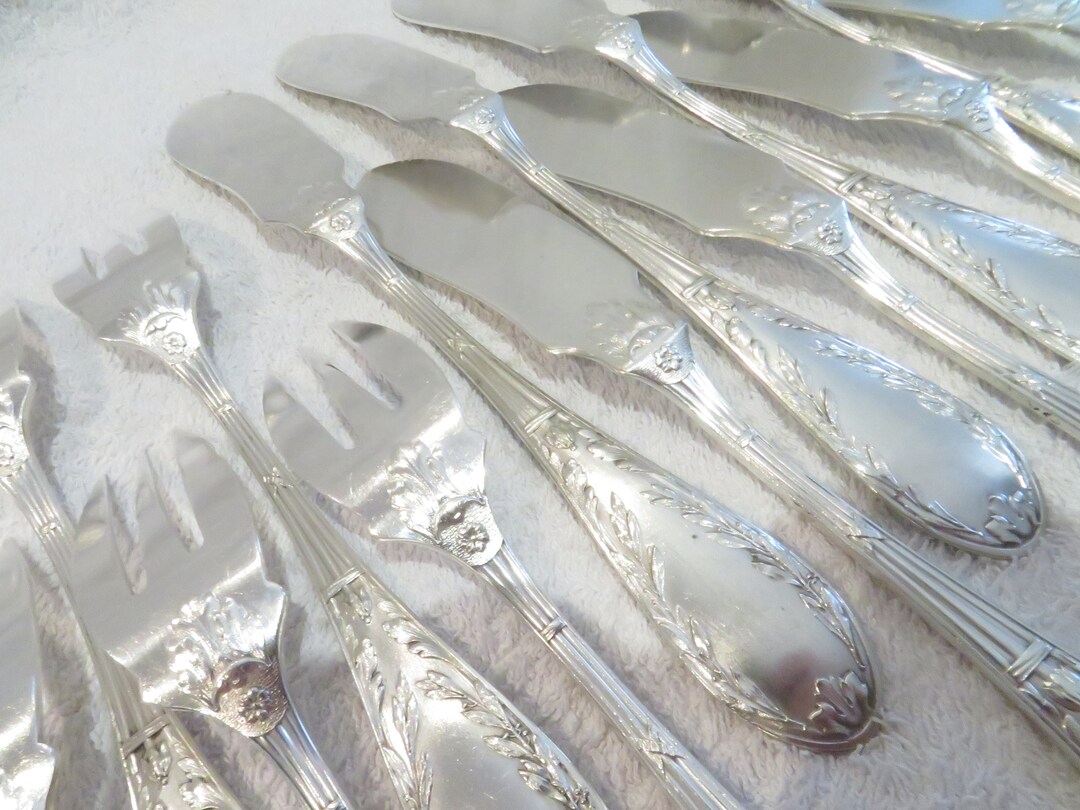 12 Silver Metal Fish Cutlery Louis XVI Style Goldsmith GV Early 20th C ...