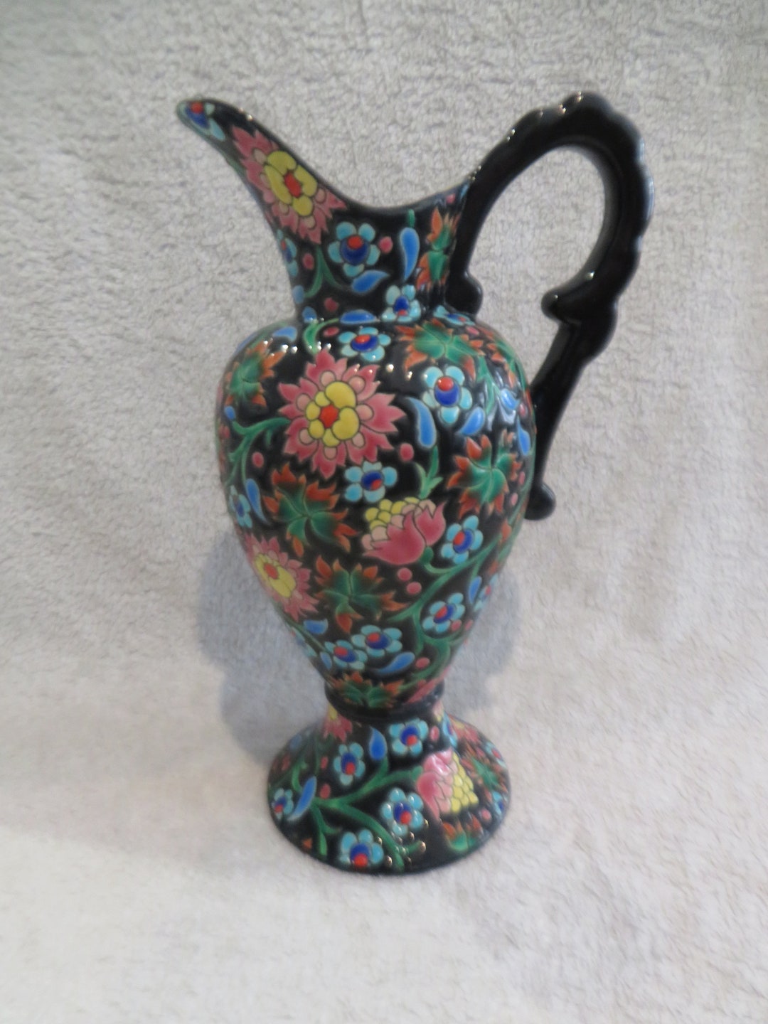 Beautiful Longwy Enameled Ewer Floral Decoration 5670 on Black ...