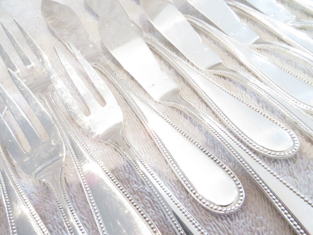 12 Silver Metal Fish Cutlery Goldsmith F Frionnet Model Pearls Vintage ...