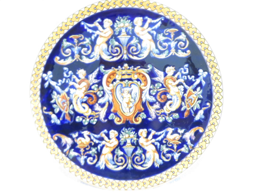 Faience Pie Dish Gien Cachet 1938 Renaissance Decor Blue Background ...
