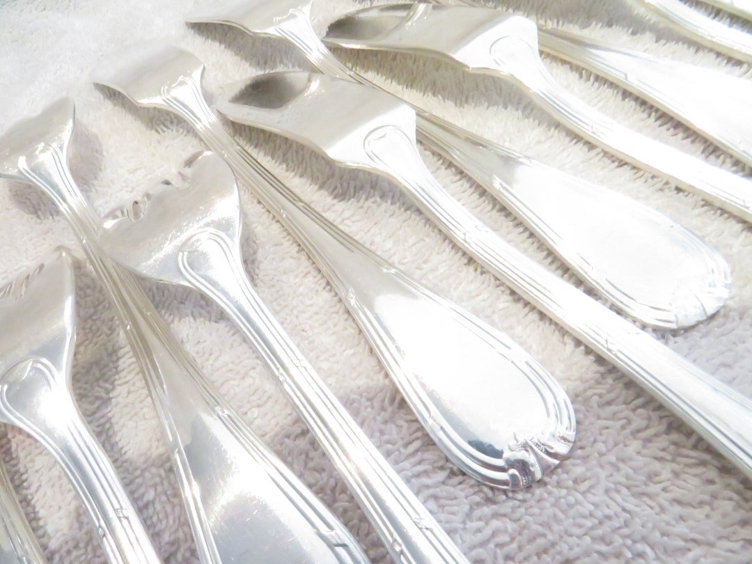 12 Silver Metal Fish Cutlery Louis XVI Style Goldsmith RC Vintage ...