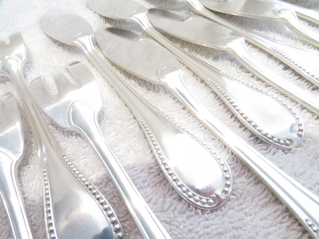 12 Silver Metal Fish Cutlery Decorated With Nets Pearls Goldsmith ...