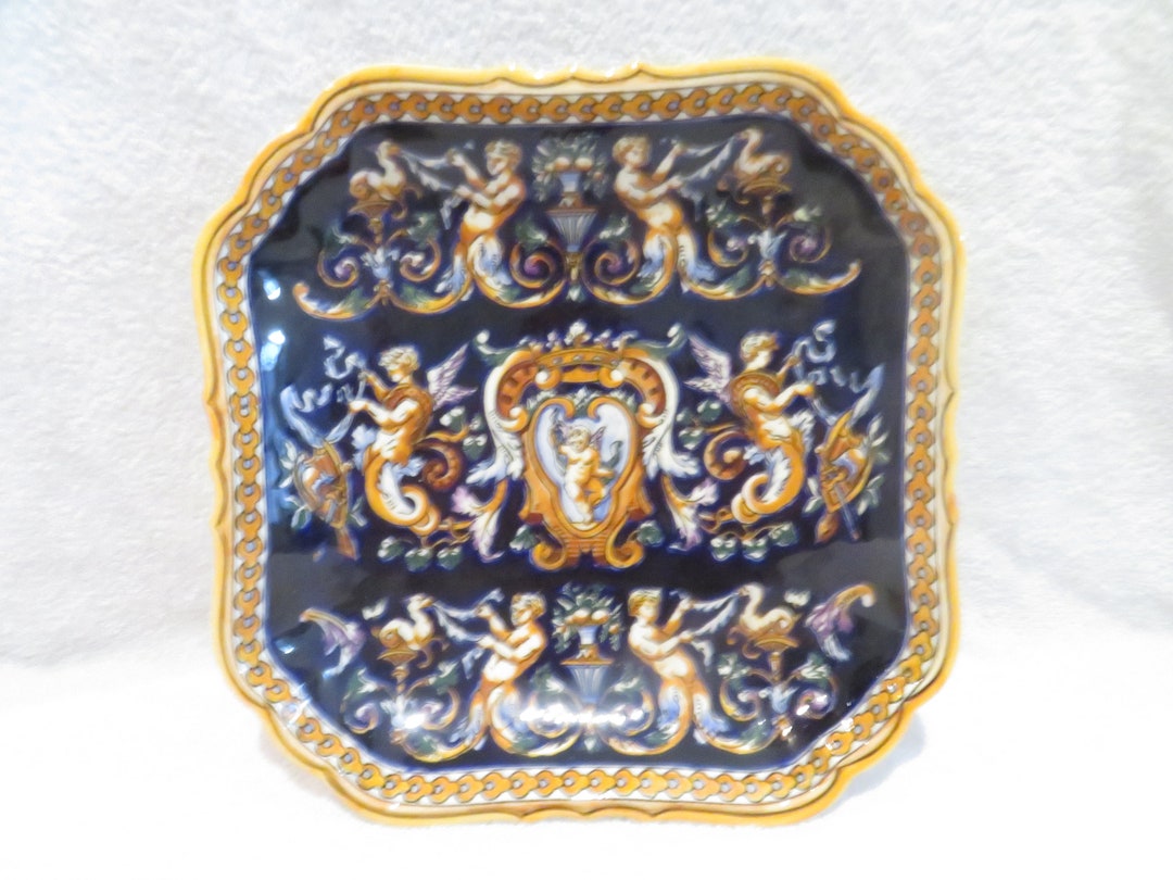 Large Flat Square 27,5cm Side Faience Gien Stamp 1971 Décor Renaissance ...