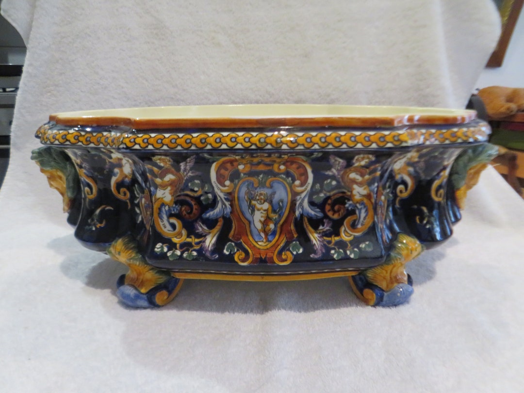 Important Gien Earthenware Planter Stamped 1938 Renaissance Decor Blue ...